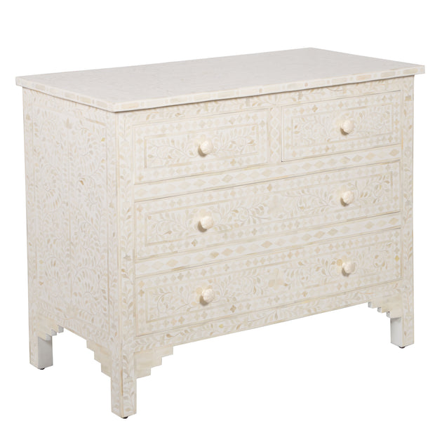 Bone Inlay 4 Drawer Chest of Drawers - White Floral – Abacus and Hunt
